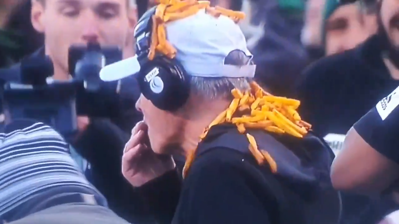 Ohio head coach Frank Solich gets french fry bath after Famous Idaho ...